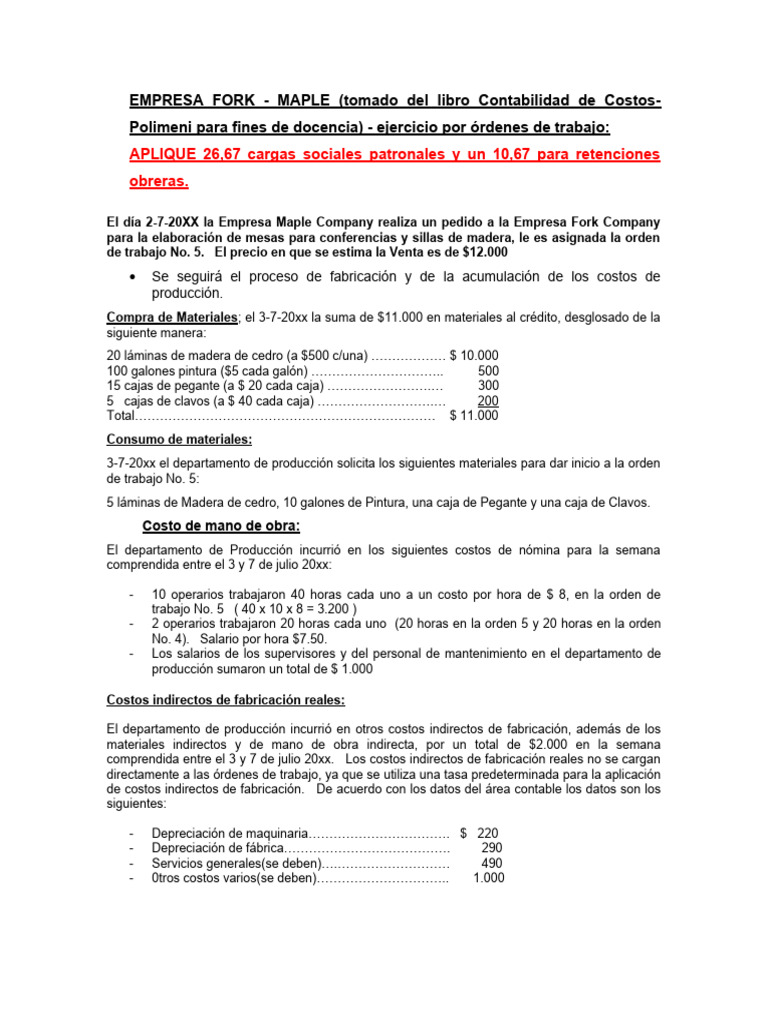 Asignacion Empresa Fork Mapple - Costos Por Ordenes de Trabajo | PDF | Business | Negocios ...