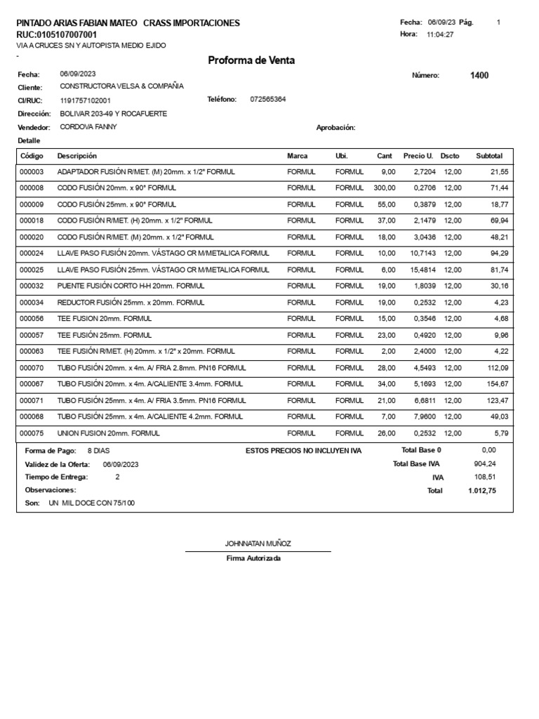 Proforma de Venta de Materiales de Construcción | PDF