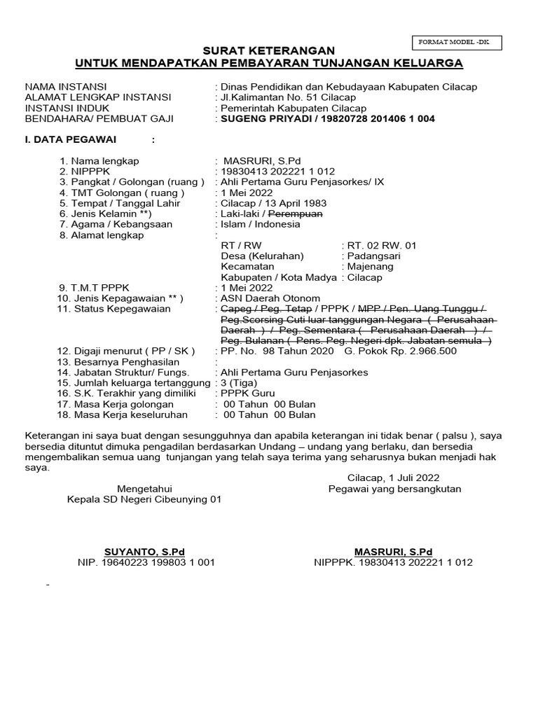 Format Model DK Guru PPPK 2022 RR | PDF
