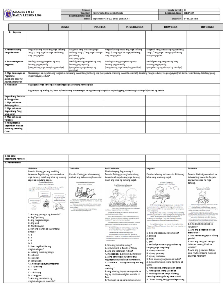 DLL - Filipino 2 - Q1 - W4 | PDF