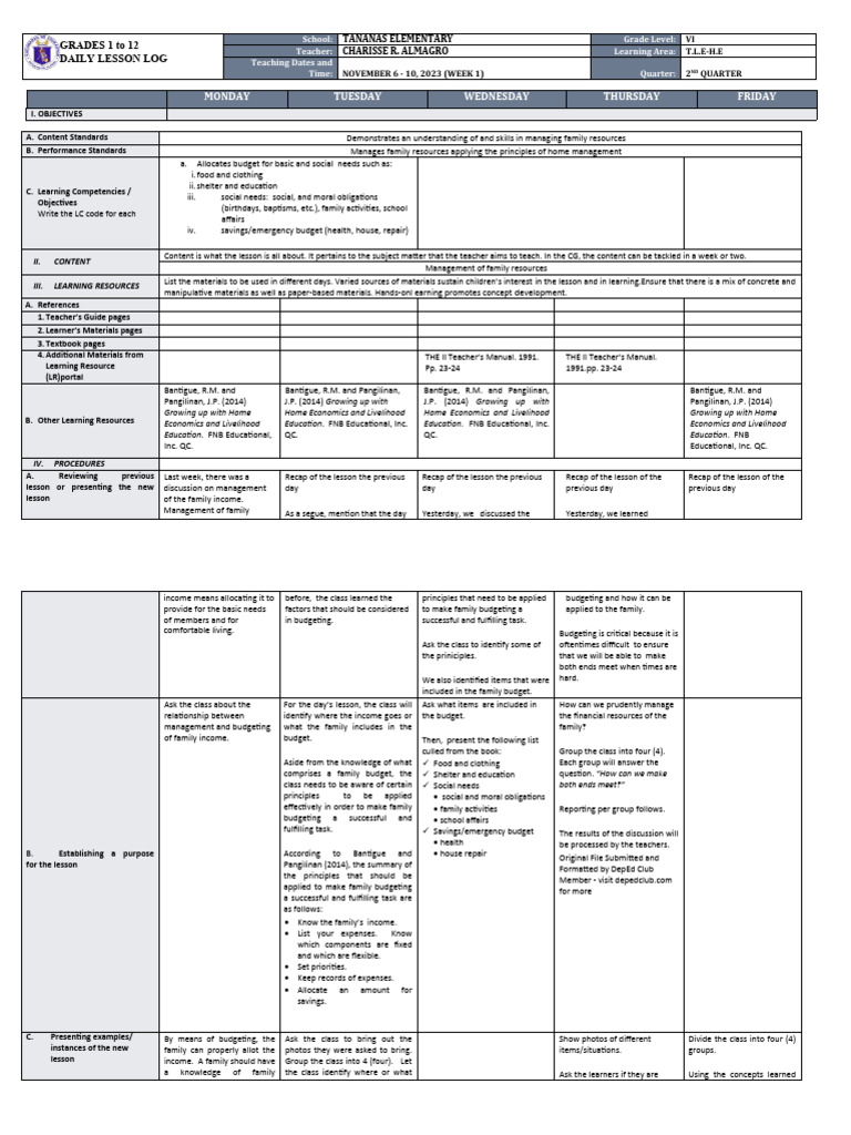 DLL - Tle 6 - Q2 - W1 | PDF | Learning | Teachers