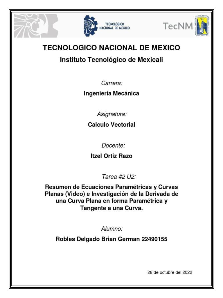 Tarea2 U2 CV Ec Parametricas y Curvas Planas | PDF