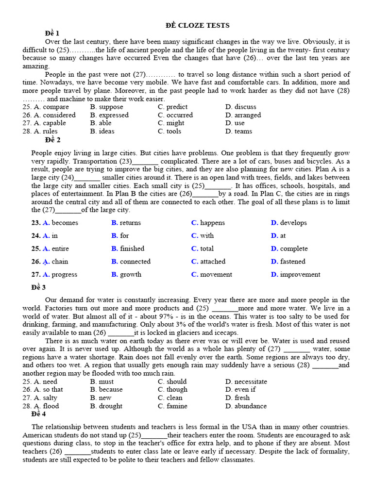 Đề Cloze Tests | PDF | Jeans | Water