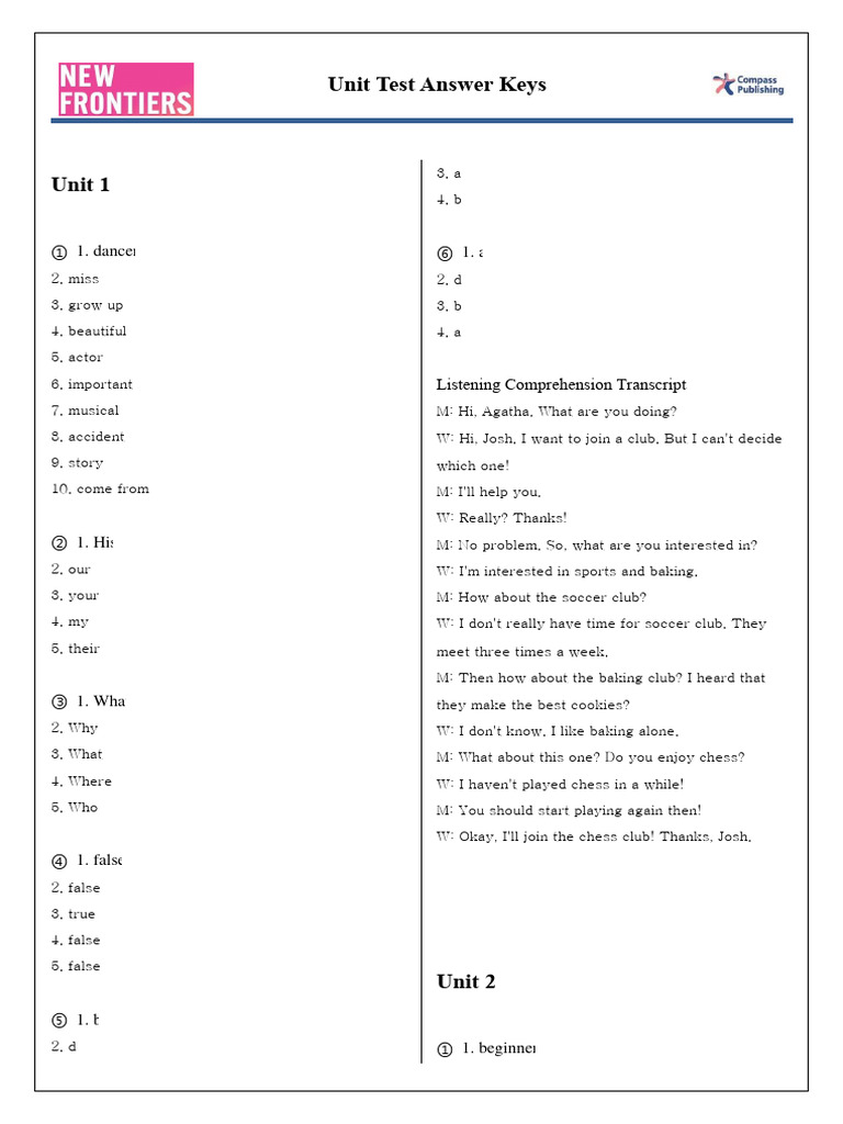 New Frontiers 2 - Unit Test - Answer Key | PDF