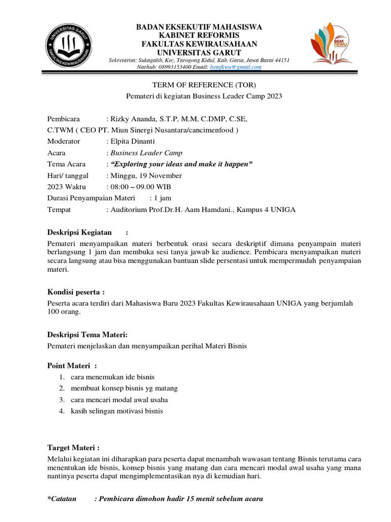 Contoh TOR Acara | PDF | Karier & Perkembangan | Bisnis
