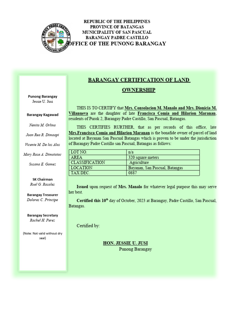 Barangay CERTIFICATION FOR land ownsership | PDF