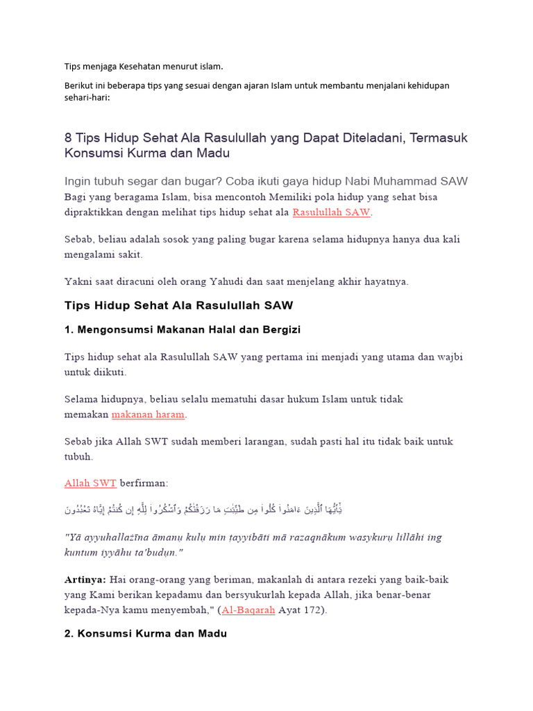 Tips Sehat Menurut Ajaran Islam | PDF | Kesehatan Holistik