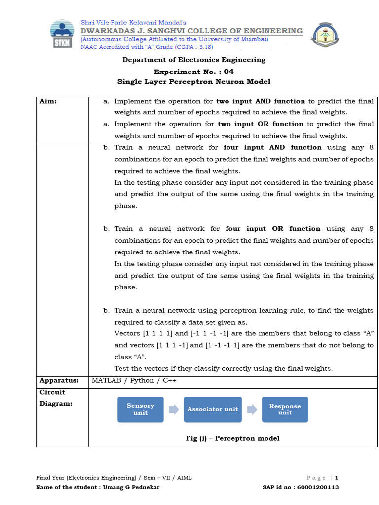 AIML - 04 Single Layer Perceptron | PDF | Artificial Neural Network | Applied Mathematics