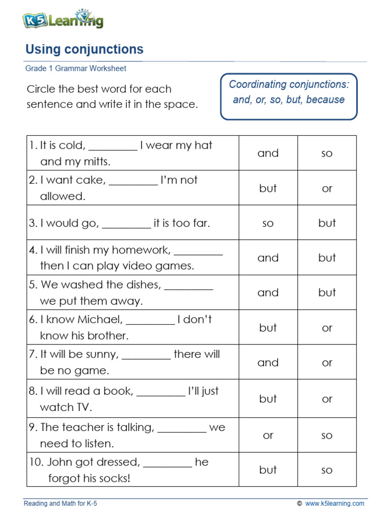 Grade 1 Conjunctions Worksheet | PDF | Syntax | Grammar