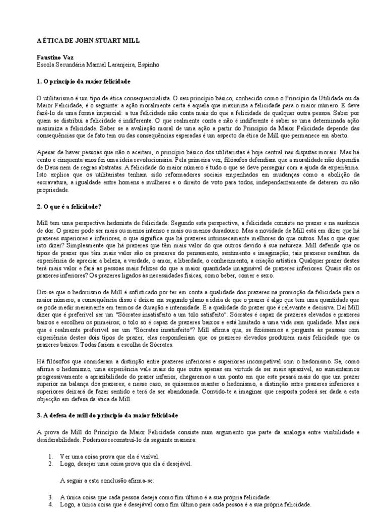 A Ética de John Stuart Mill | PDF | Utilitarismo | Felicidade