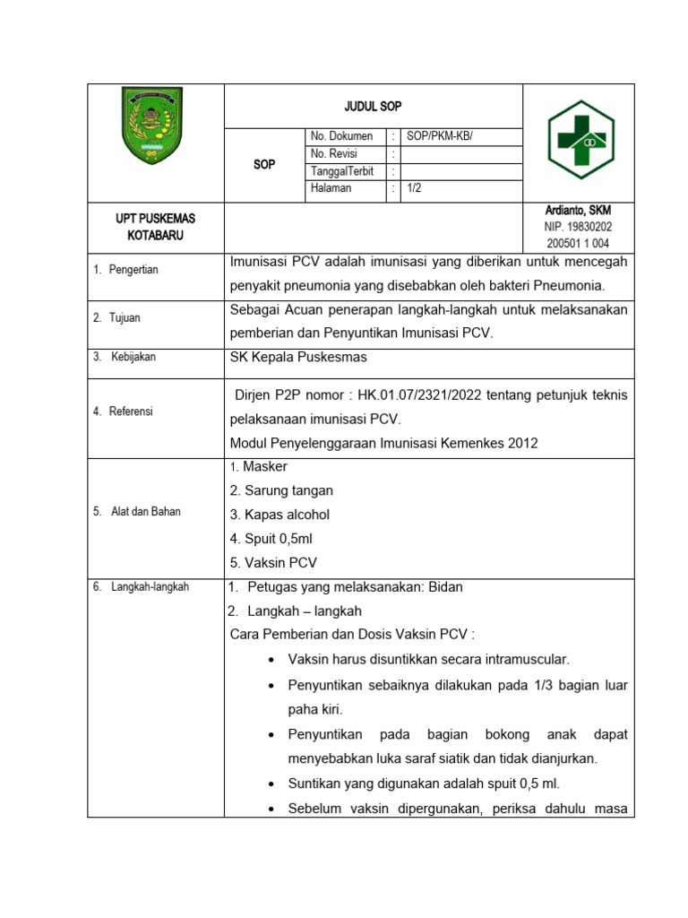 Sop Penyuntikan Imunisasi PCV 2023 S | PDF