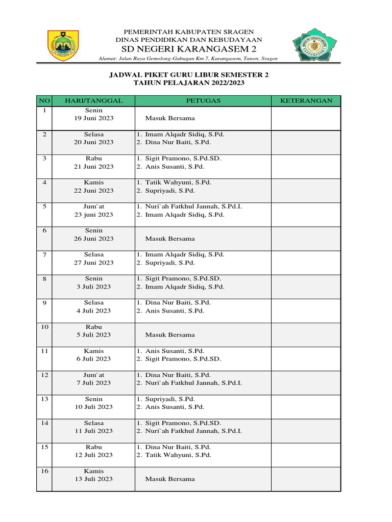 Jadwal Piket Libur Semester 2 Revisi Cuti Bersama | PDF