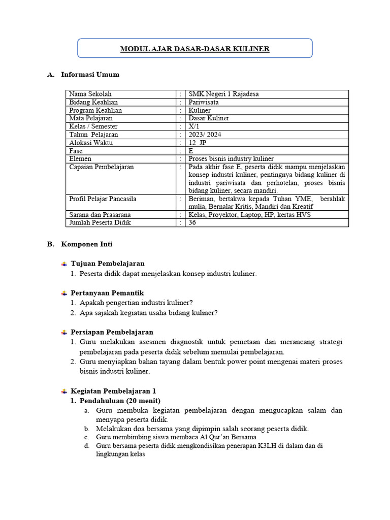 MODUL AJAR BAB 1 VOL 1 DD KULINER Fase E 26 Juni 2023 | PDF | Karier ...