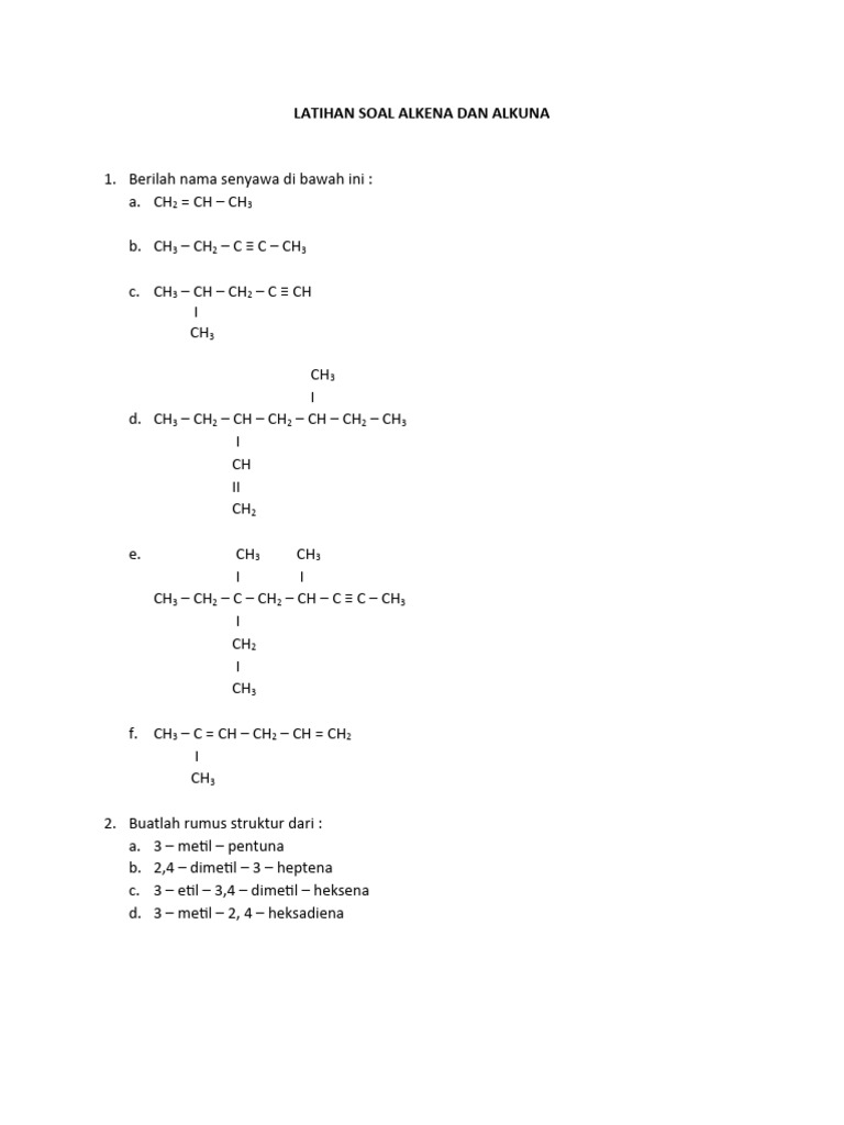 Latihan Soal Alkena Dan Alkuna | PDF | Metode & Bahan Ajar