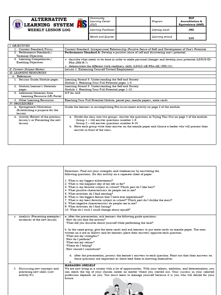 LS5- LESSON 1 ENHANCING YOURSELF TOWARD EMPLOYMENT | PDF | Learning ...