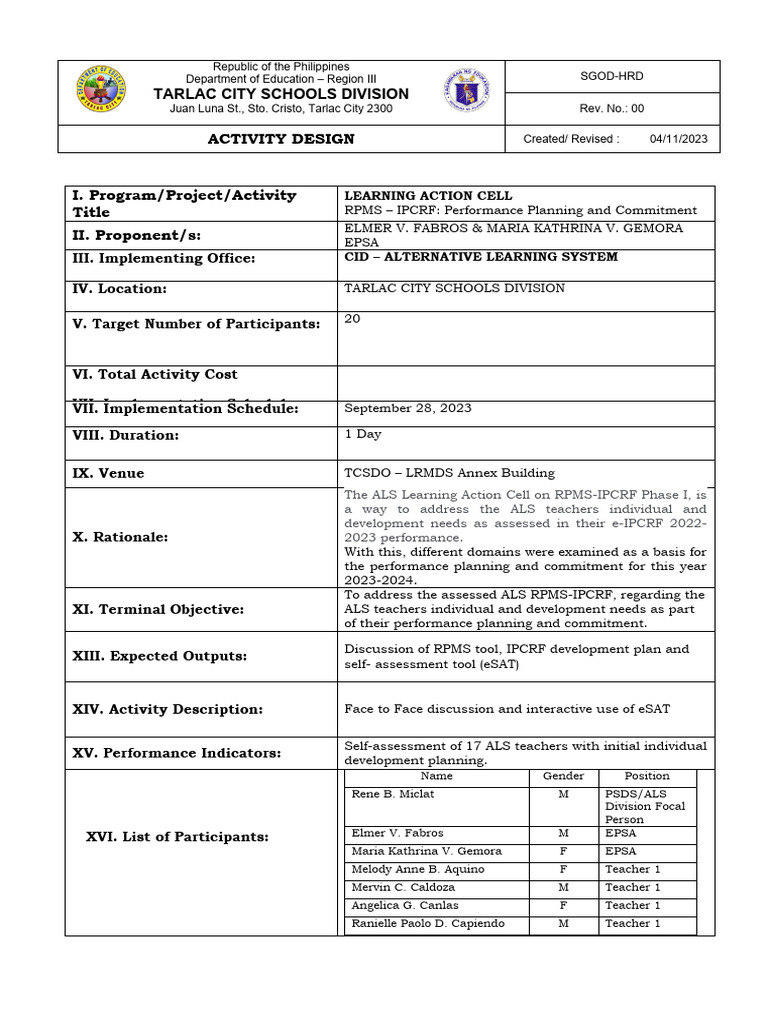 Activity Design For LAC 1st Topic-RPMS-IPCRF | PDF