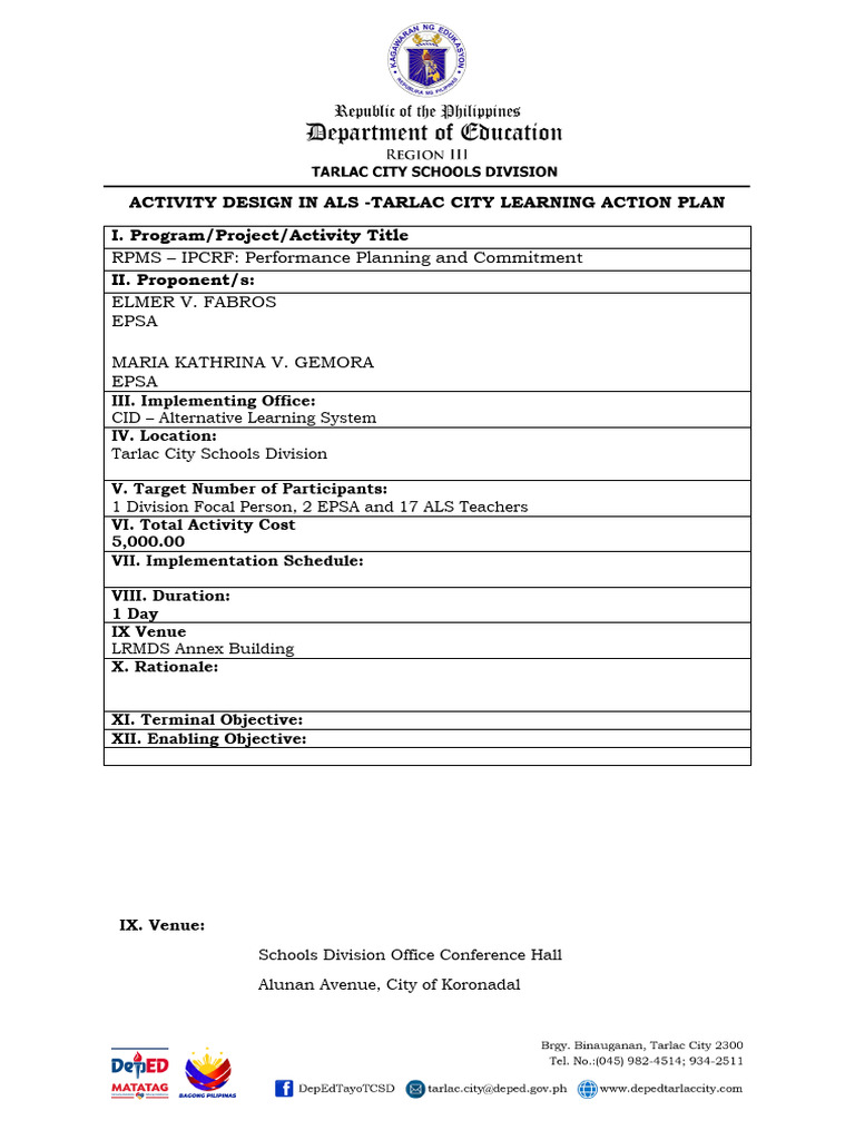 Activity Design in ALS LAC Topic 1 RPMS-IPCRF Performance Planningand Commitment | PDF