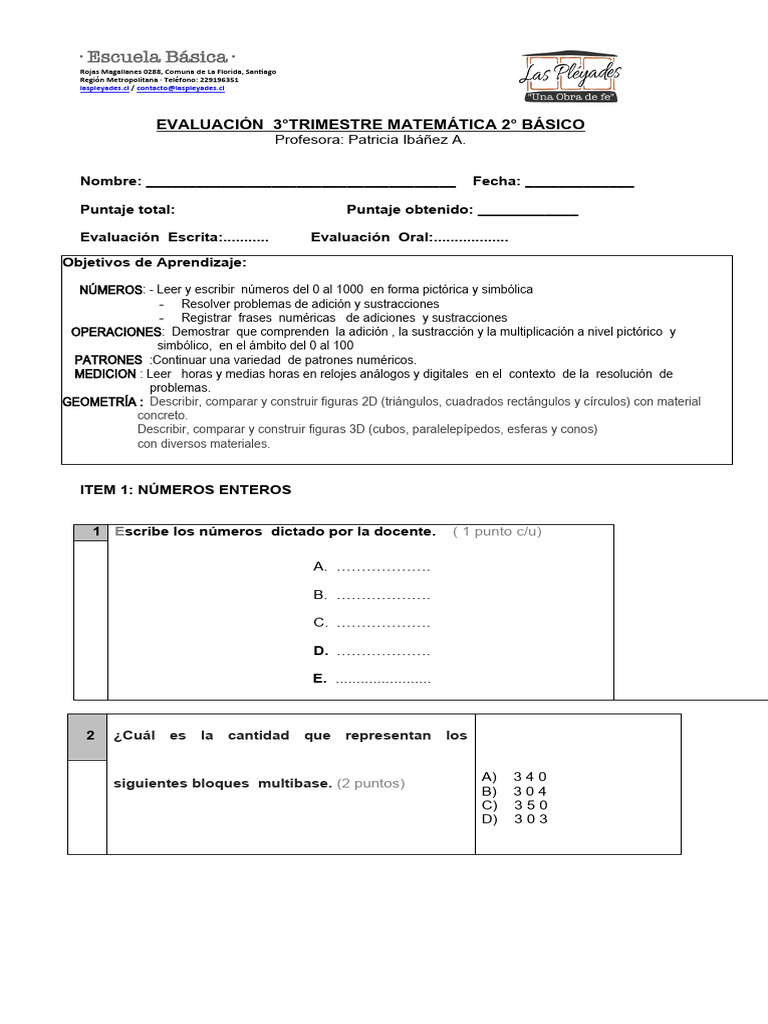 Prueba Trimestral - Matemática 2° | PDF | Matemática Elemental | Matemáticas