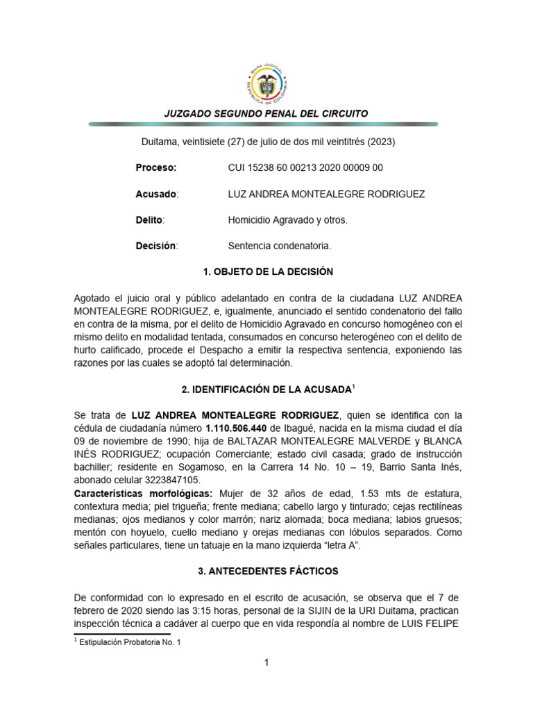 2020 00009 Sentencia Condenatoria Luz Andrea Montealegre Homicidio