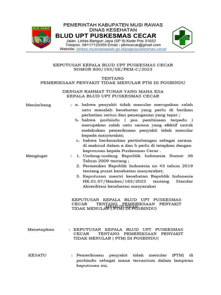 SK Tentang Pemeriksaan PTM Di Posbindu | PDF