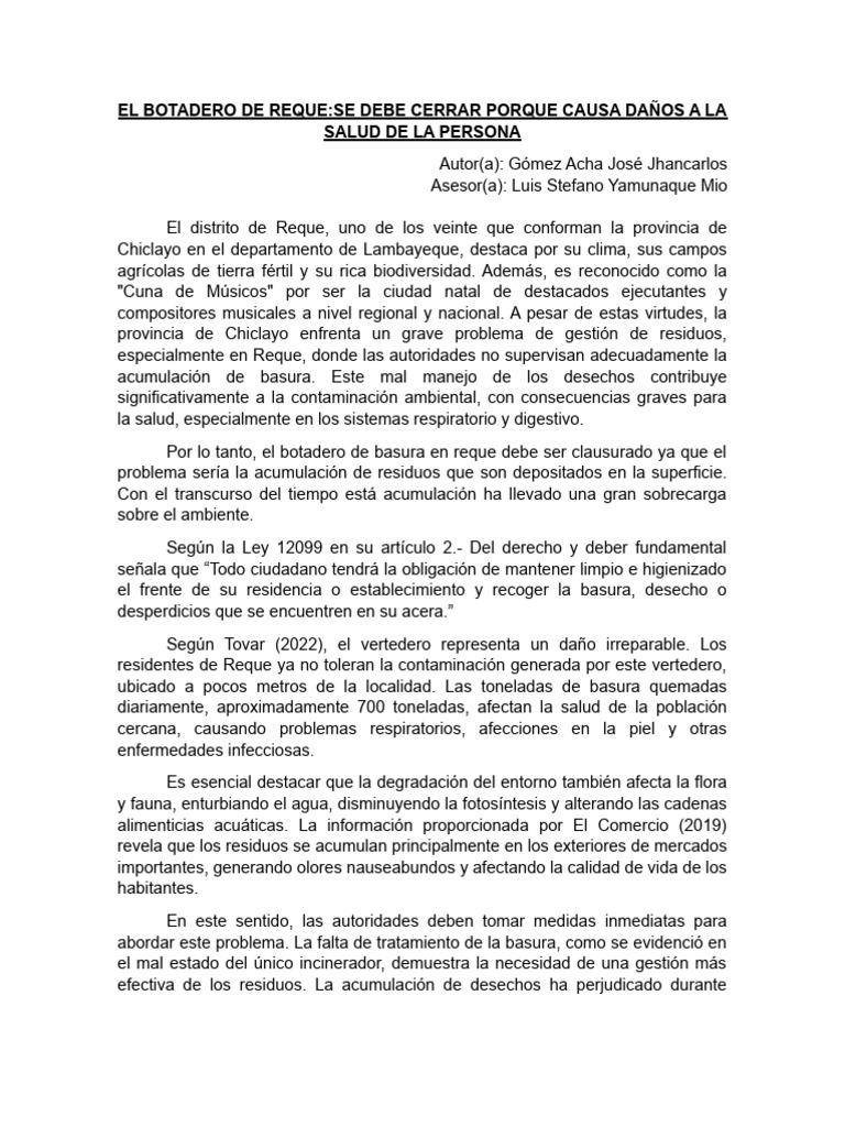 Cierre Urgente del Botadero de Reque | PDF | Residuos | Vertedero