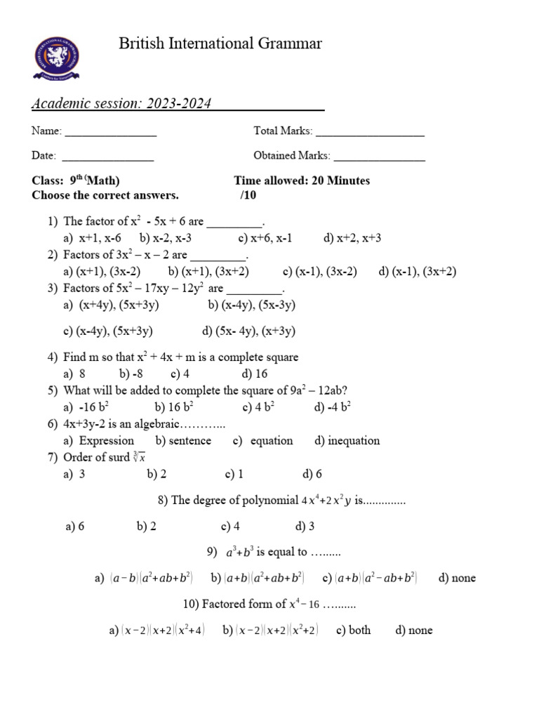 Class 9th First Term Math 2023-2024 | PDF | Factorization | Algorithms