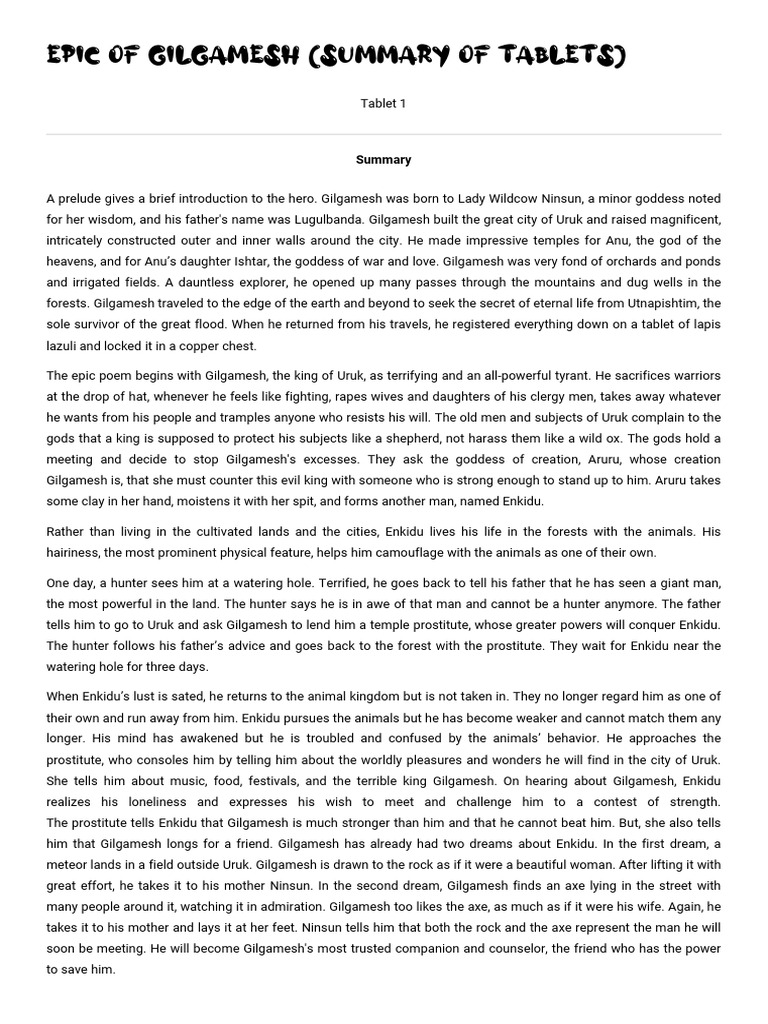 Gilgamesh Epic: Tablet Summaries | PDF | Epic Of Gilgamesh ...