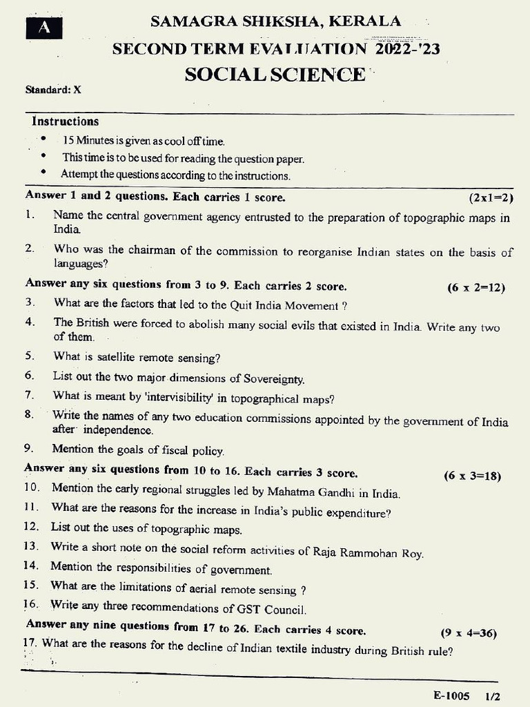 Kerala SSLC Second Term Exam 2022 SS Question Paper EM | PDF