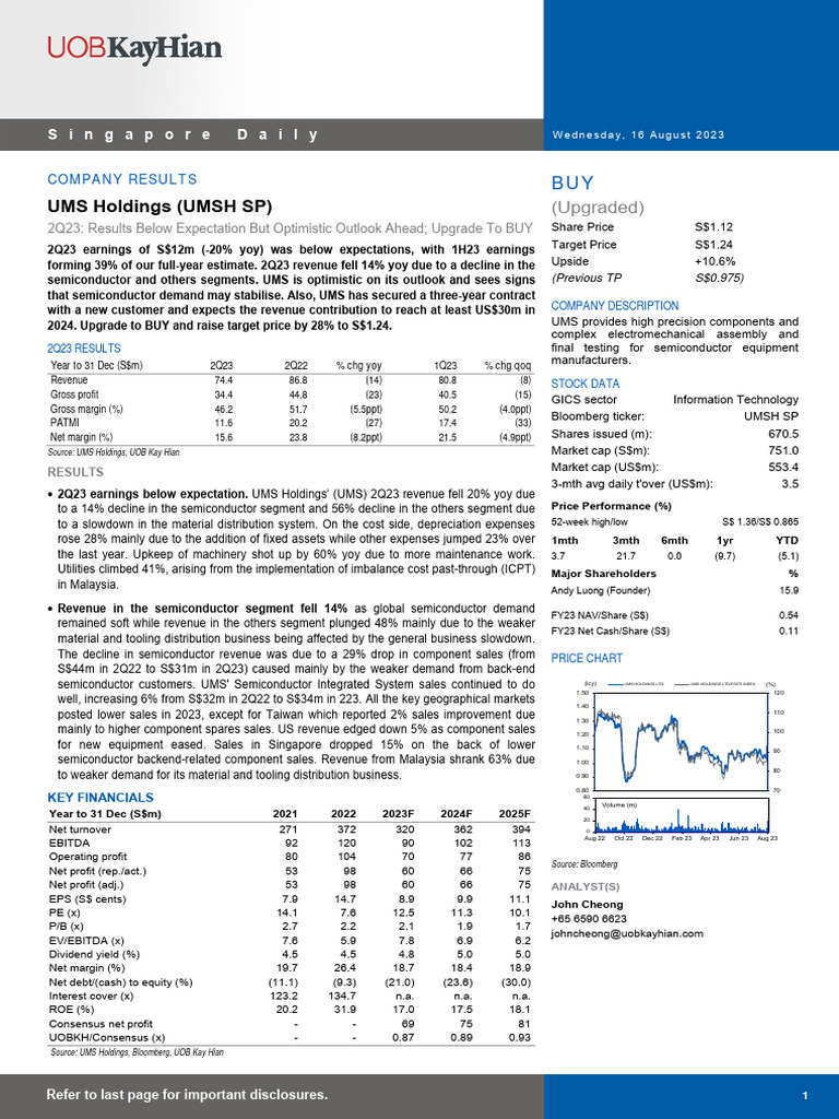 UMS Holdings LTD - 2Q23 - Results Below Expectation But Optimistic Outlook Ahead Upgrade To BUY ...
