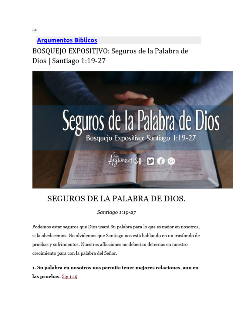 BOSQUEJO EXPOSITIVO Seguros de La Palabra de Dios Santiago 1 19 27 | PDF