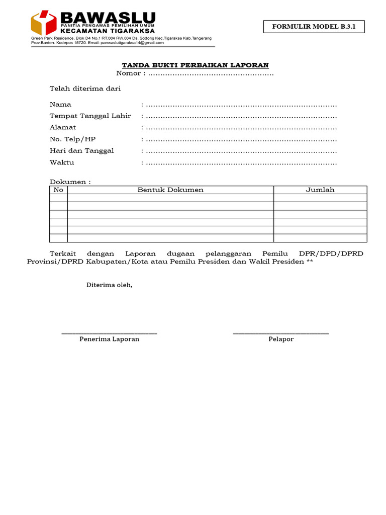 Formulir Model B.3.1 Tanda Bukti Perbaikan Laporan | PDF Formulir Model B.3.1 Tanda Bukti Perbaikan Laporan | PDF