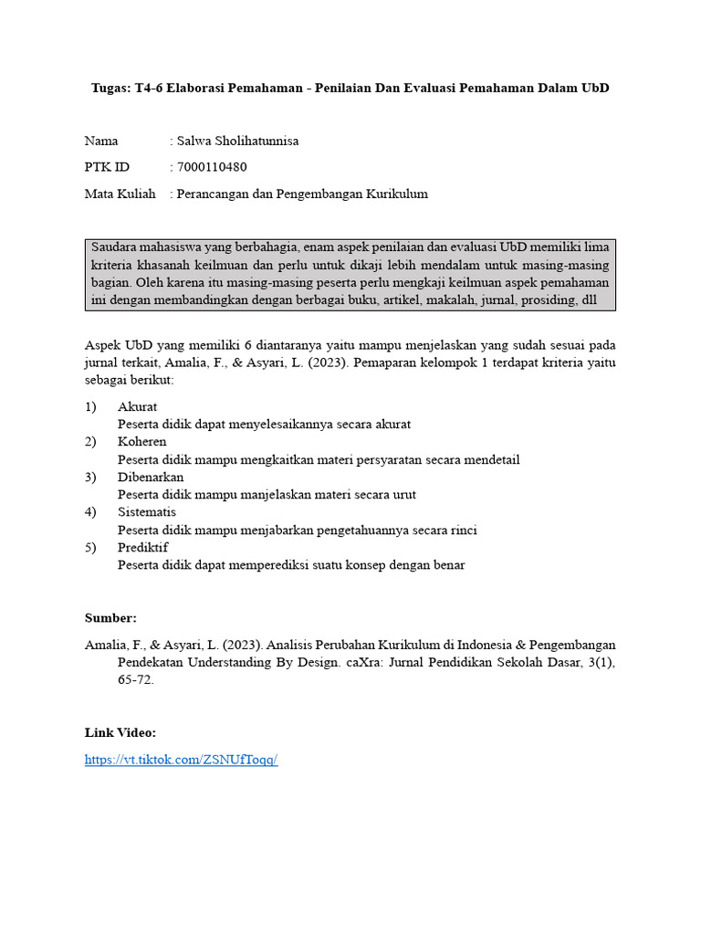 T4-6 Elaborasi Pemahaman - Penilaian Dan Evaluasi Pemahaman Dalam UbD - Salwa Sholihatunnisa ...