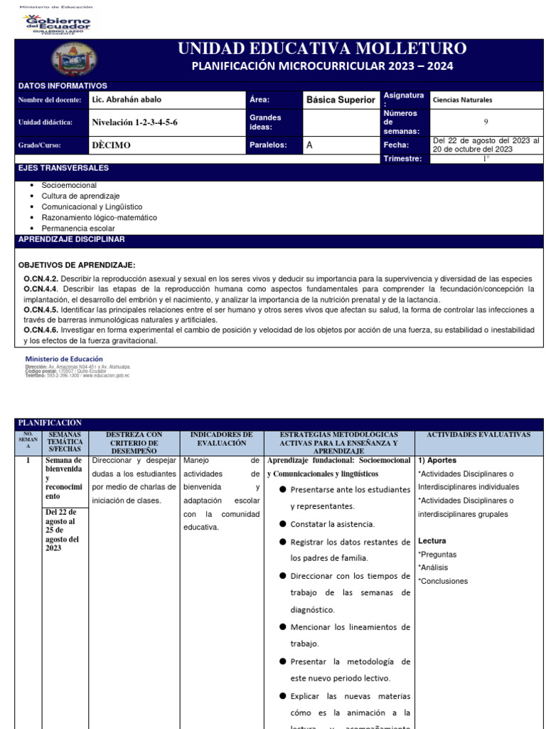 10mo - CCNN Planificación 9 Semanas 2023-2024 (Nivelaciòn) | PDF | Aprendizaje | Las bacterias