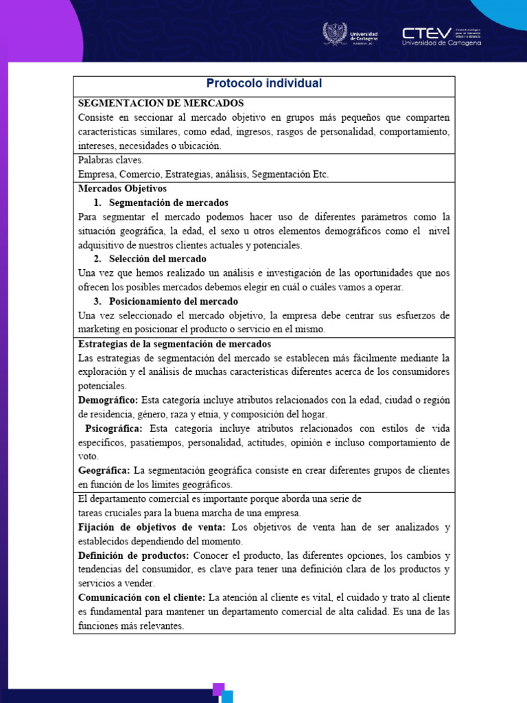 Plantilla Protocolo Individual Segmentscion de Mercados | PDF | Marketing | Calidad (comercial)