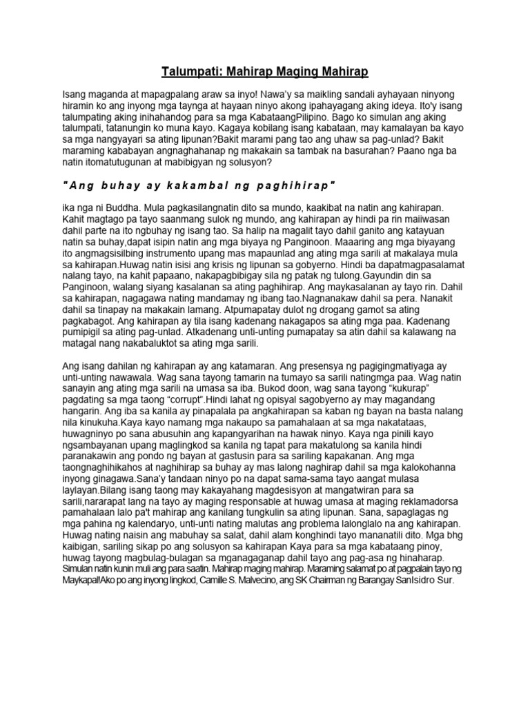 Talumpati Mahirap Maging Mahirap | PDF