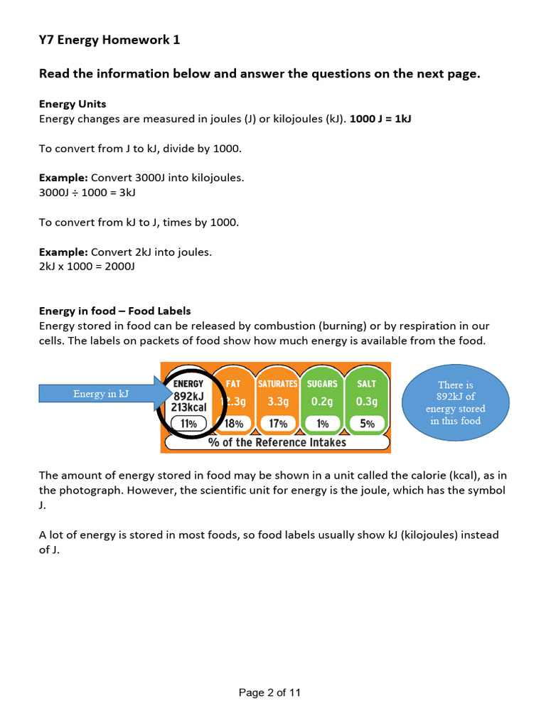 Y7 Energy Practce Questions | PDF | Calorie | Thermodynamics
