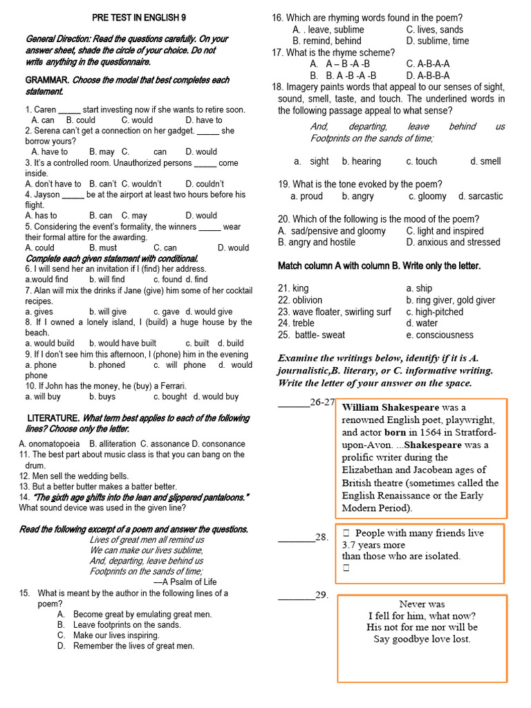 Pretest in English 9 | PDF Pretest in English 9 | PDF