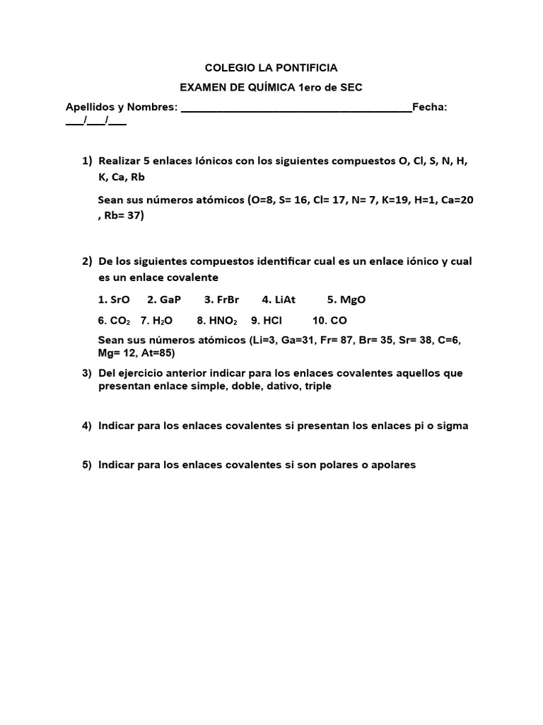 Exámenes de Química Junio | PDF | Enlace químico | Concentración
