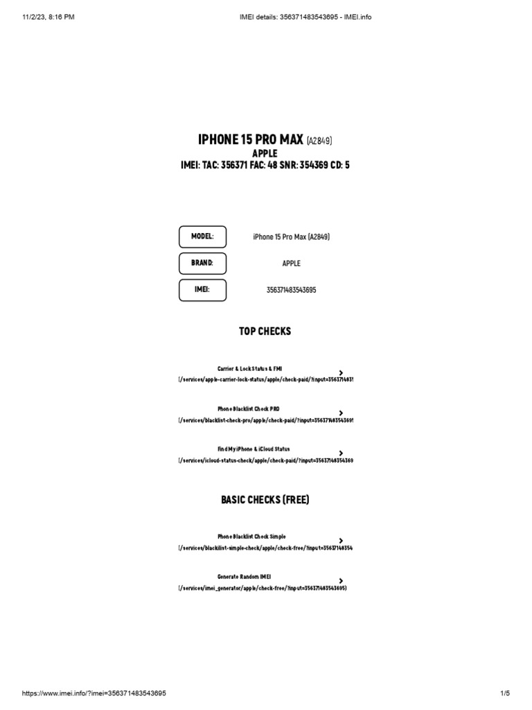 Iphone 15 Pro Max: Apple IMEI: TAC: 356371 FAC: 48 SNR: 354369 CD: 5 ...