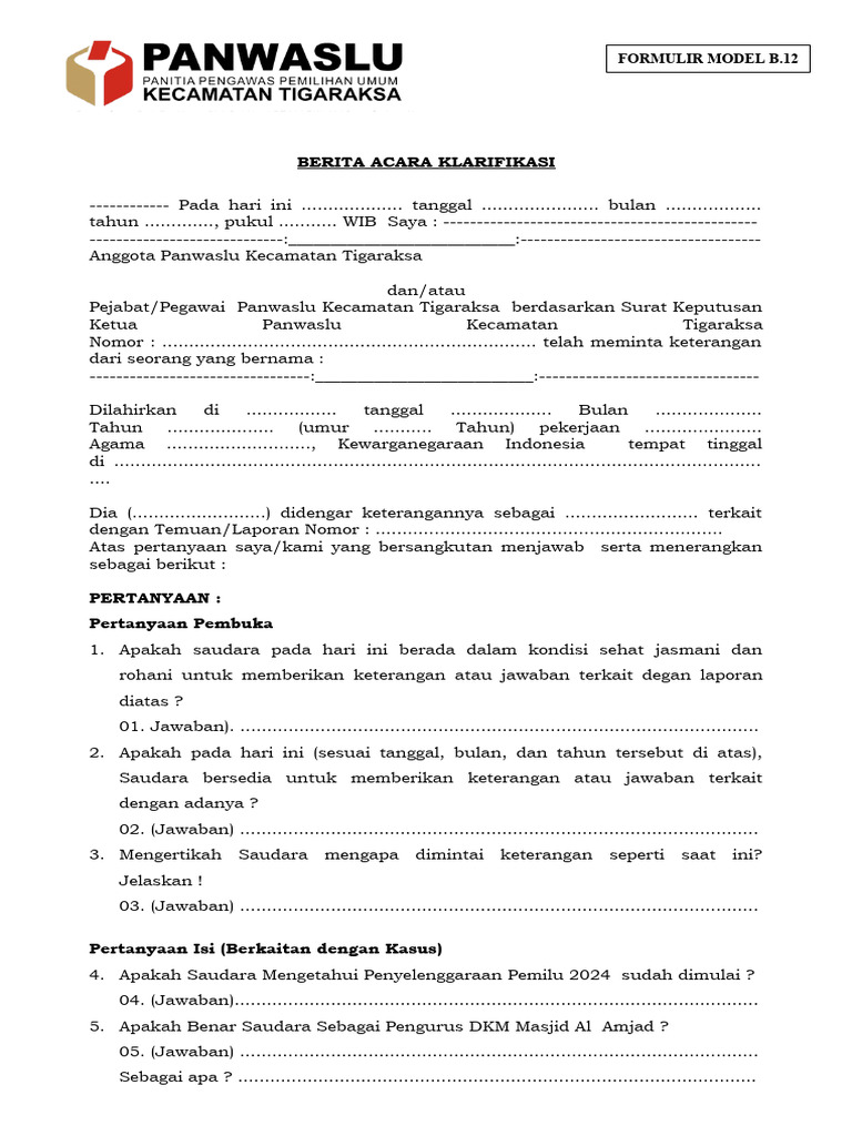 FORMULIR MODEL B.12 BERITA KLARIFIKASI | PDF