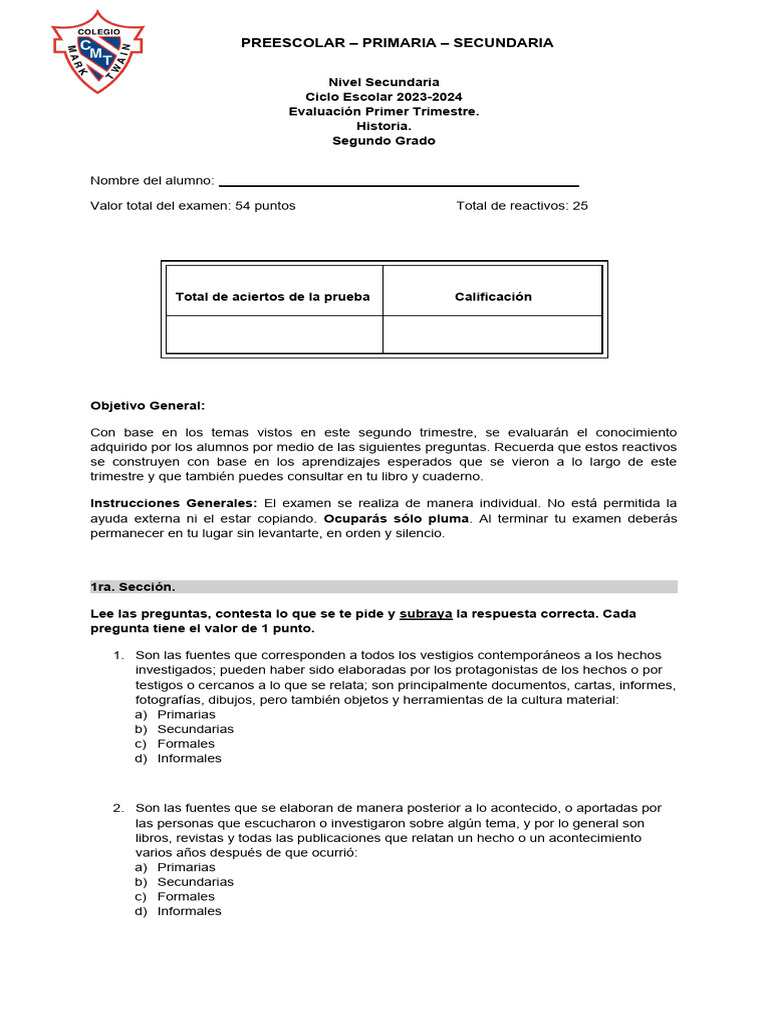 2° - HIST - Primer Examen Trimestral | PDF | Nueva españa | Mesoamérica