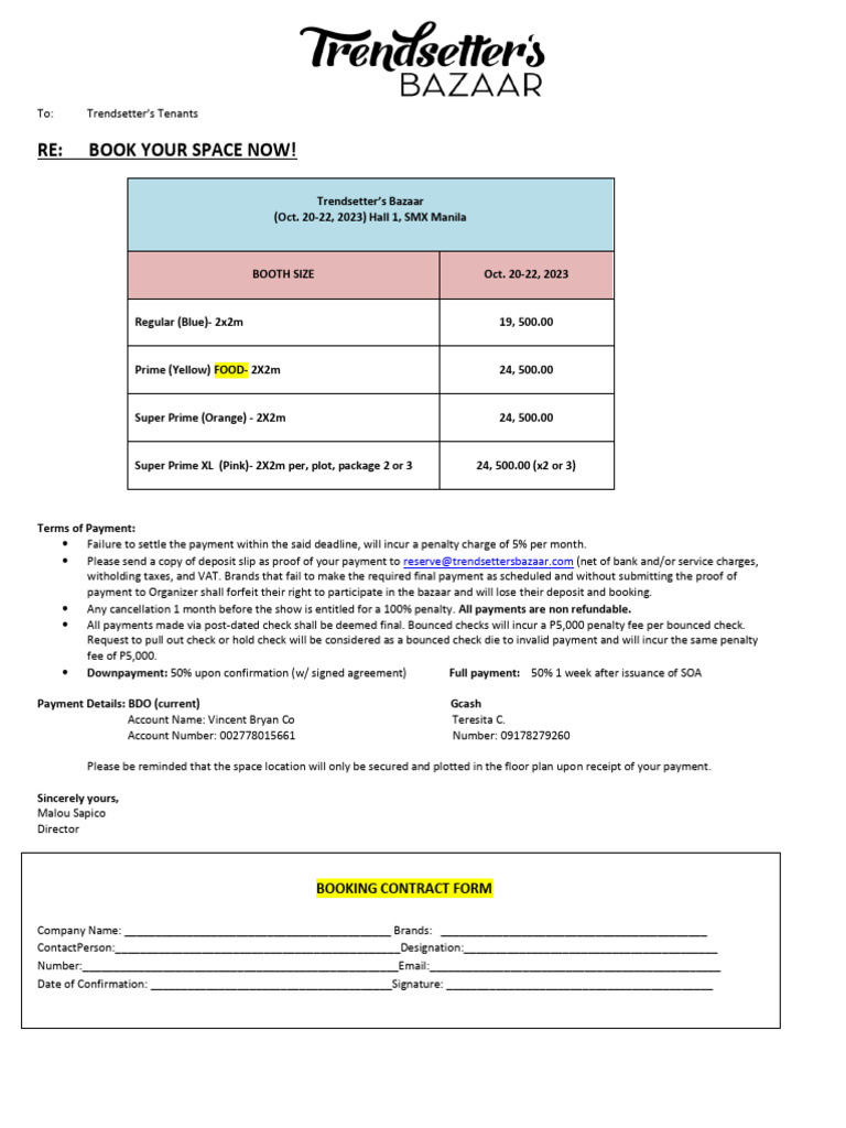 TSB October 20-22 (Booking Contract Form) | PDF | Fee | Services (Economics)