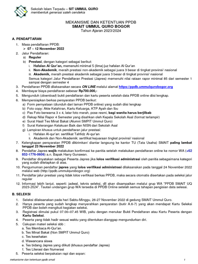 Panduan PPDB SMAIT Ummul Quro | PDF