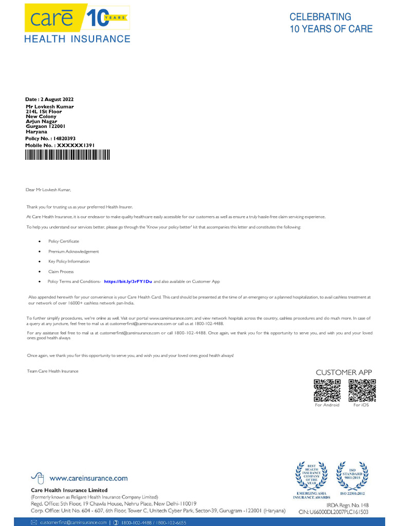 Care Health Insurance Policy Certificate | PDF | Insurance | Hospital