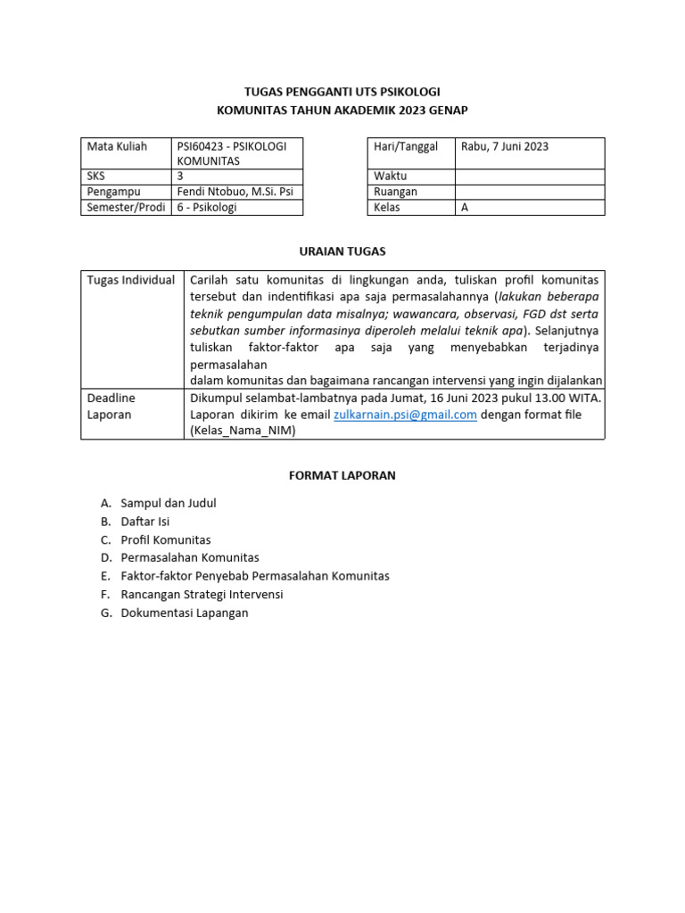 Tugas Pengganti Uts Psikologi Komunitas T.A 2023 | PDF