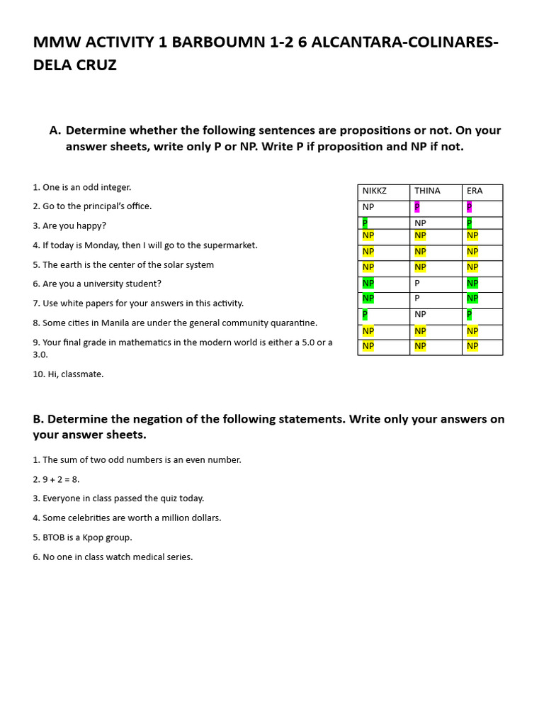 MMW Activity 1 | PDF | Numbers | Logical Expressions