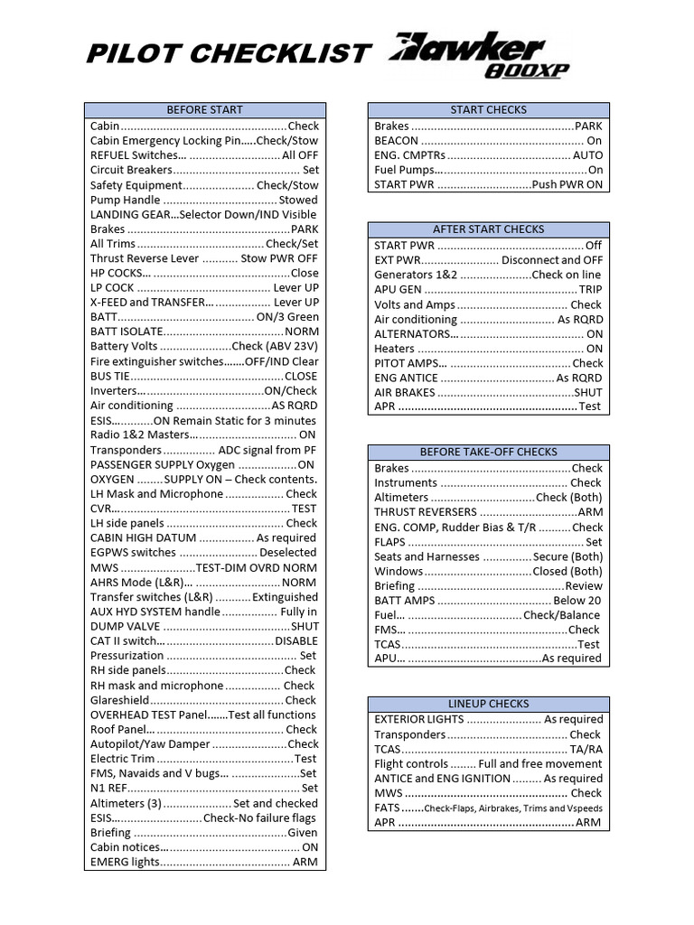Pilot Checklist Hawker800XP | PDF | Landing Gear | Aviation