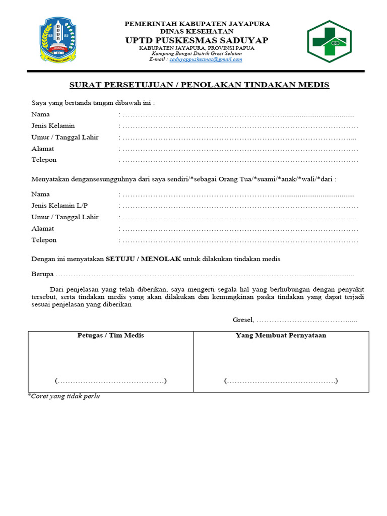 Surat Persetujuan, Penolakan Tindakan Medis | PDF