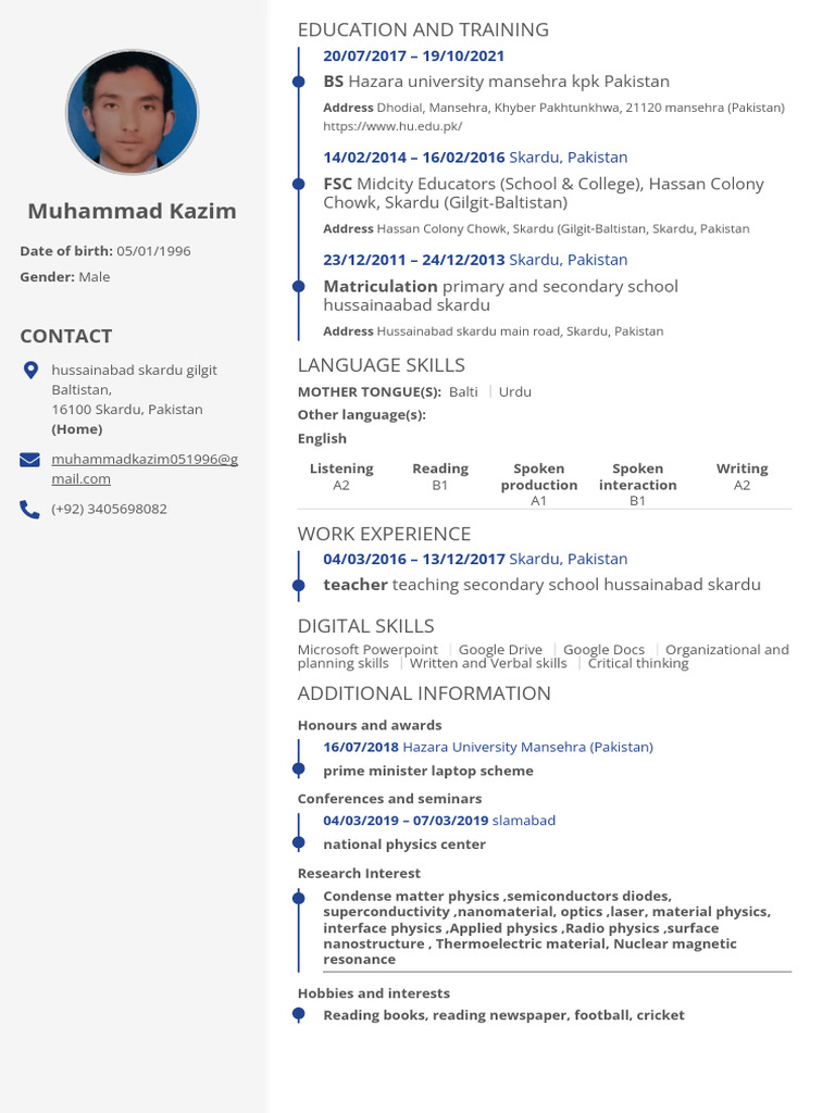 CV - Muhammad Kazim | PDF | Pakistan | Physics