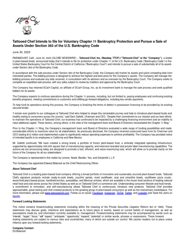 Tattooed Chef Intends To File For Voluntary Chapter 11 Bankruptcy ...